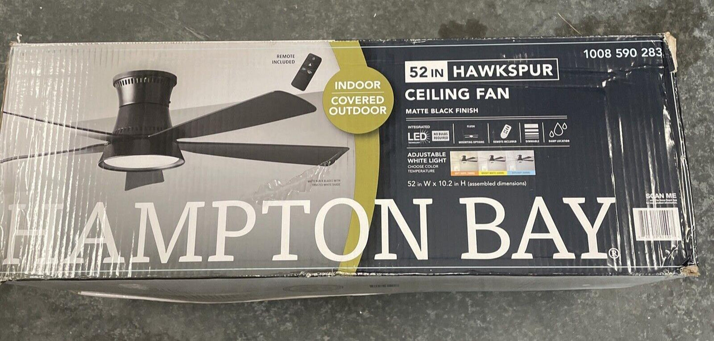 Hampton Bay Hawkspur 52 in Matte Black Ceiling Fan LED Light & Remote ...